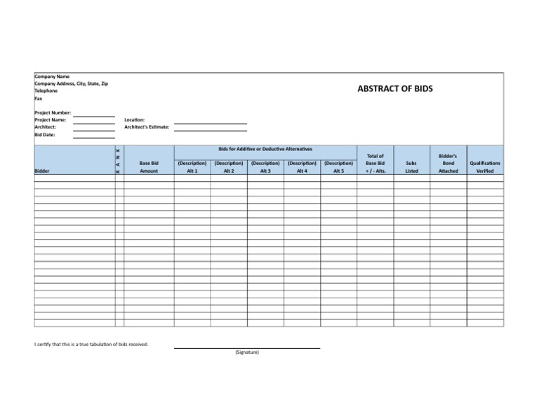 Excel Construction Project Management Templates Abstract of Bids ...