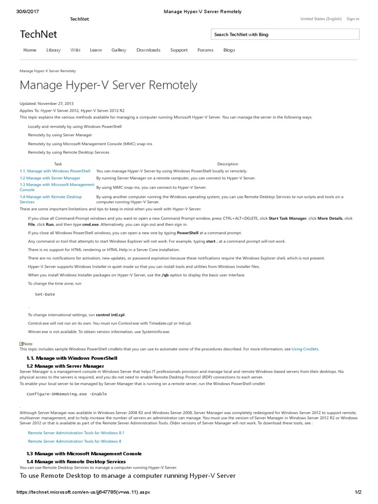 Manage Hyper-V Server | PDF | Hyper V | Remote Desktop Services