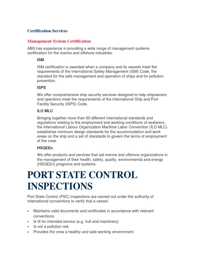 Port State Control Inspections: Management System Certification | PDF ...