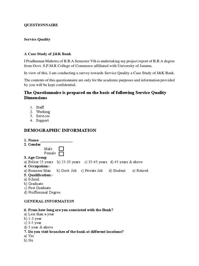 The Questionnaire Is Prepared On The Basis of Following Service Quality ...