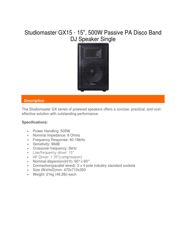 Studiomaster GX15 - 15 500W Passive PA Disco Band DJ Speaker Single | PDF