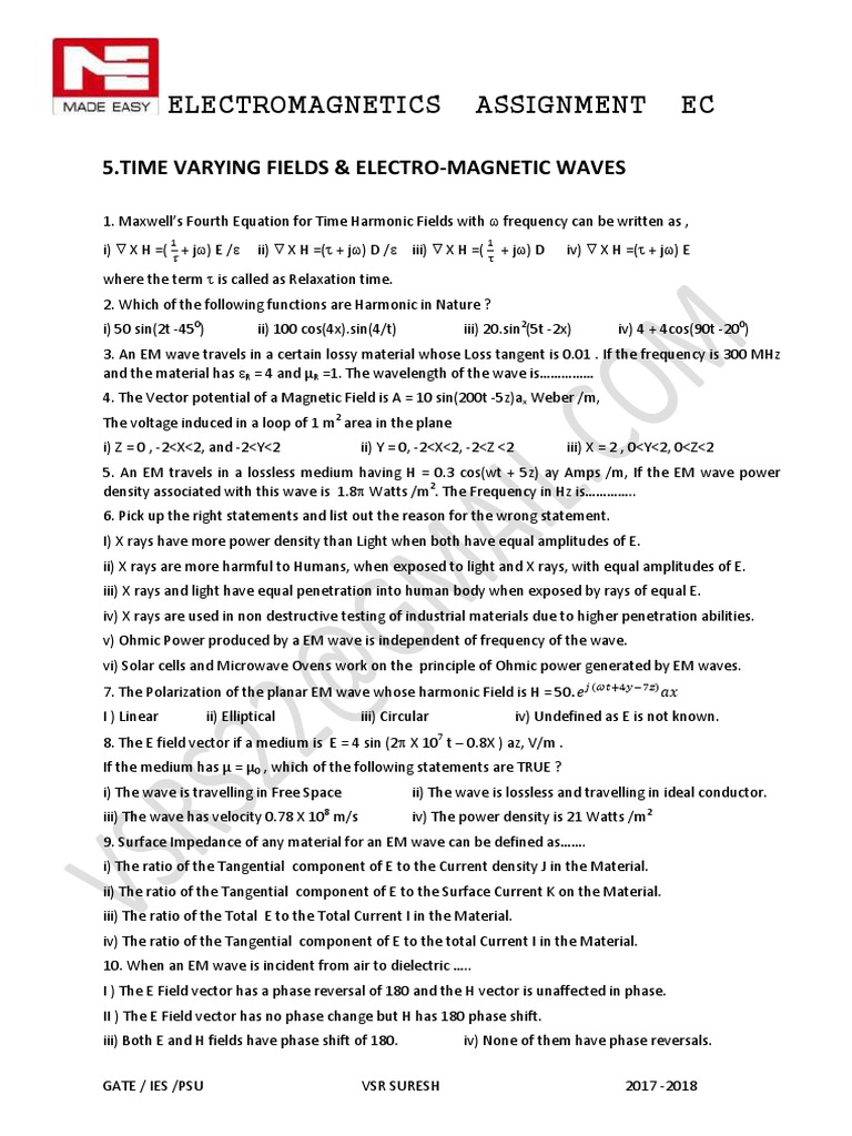 Electromagnetics Assignment Ec: 5.time Varying Fields & Electro-Magnetic Waves | PDF ...