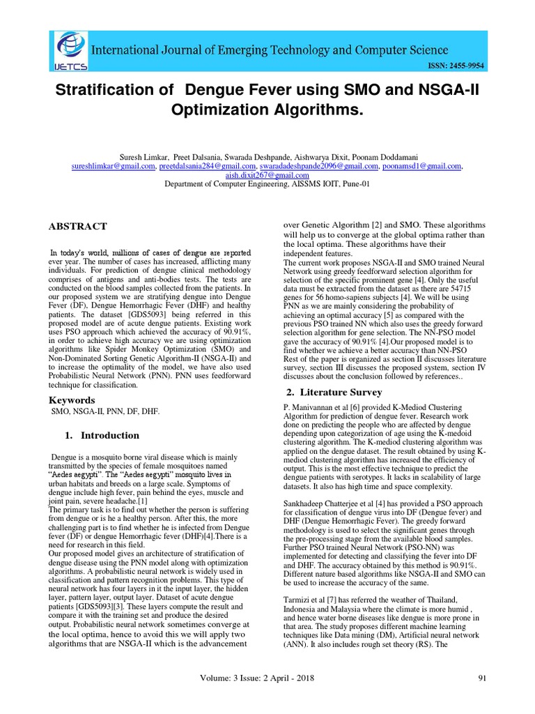 Tratification Of Dengue Fever Using Smo And Nsga Ii Optimization Algorithms Pdf Artificial