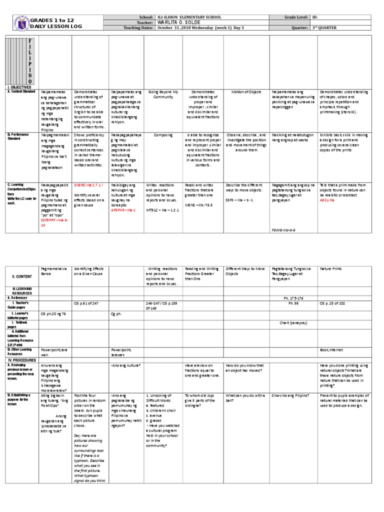 Daily Lesson Log in Grade 3-Q3 WEEK1 DAY 3 | Teachers | Semiotics