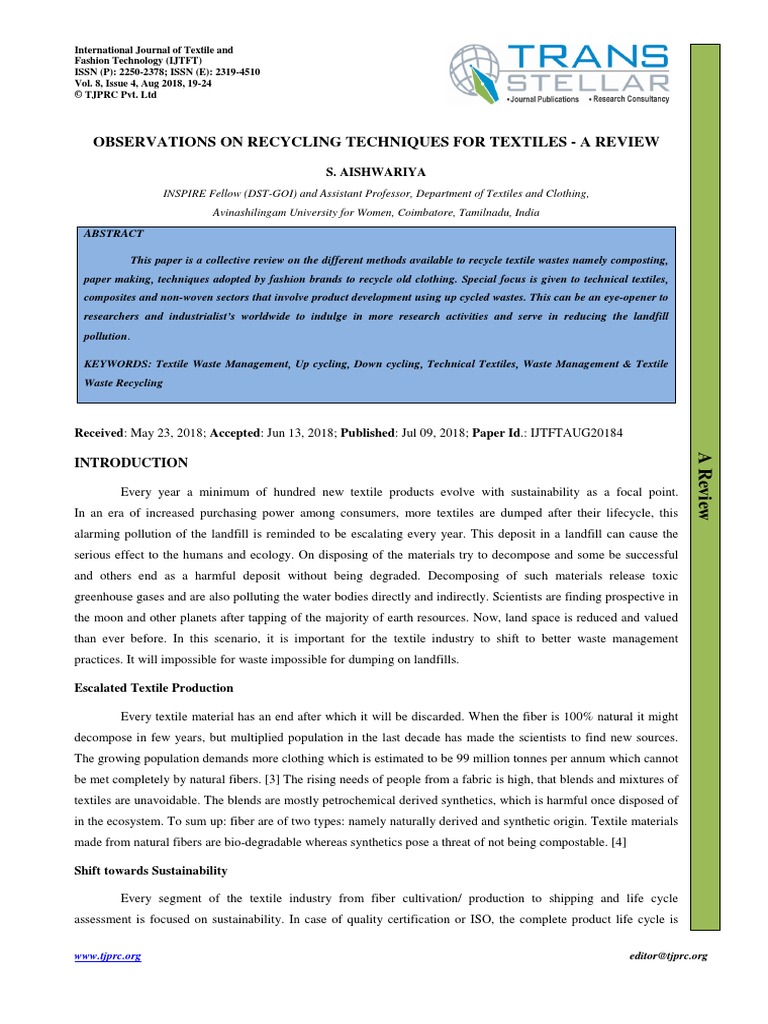 Observations On Recycling Techniques For Textiles - A Review | PDF ...