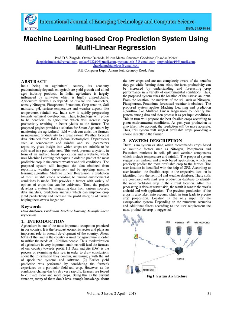 Machine Learning Based Crop Prediction System Using Multi Linear Regression Pdf Regression