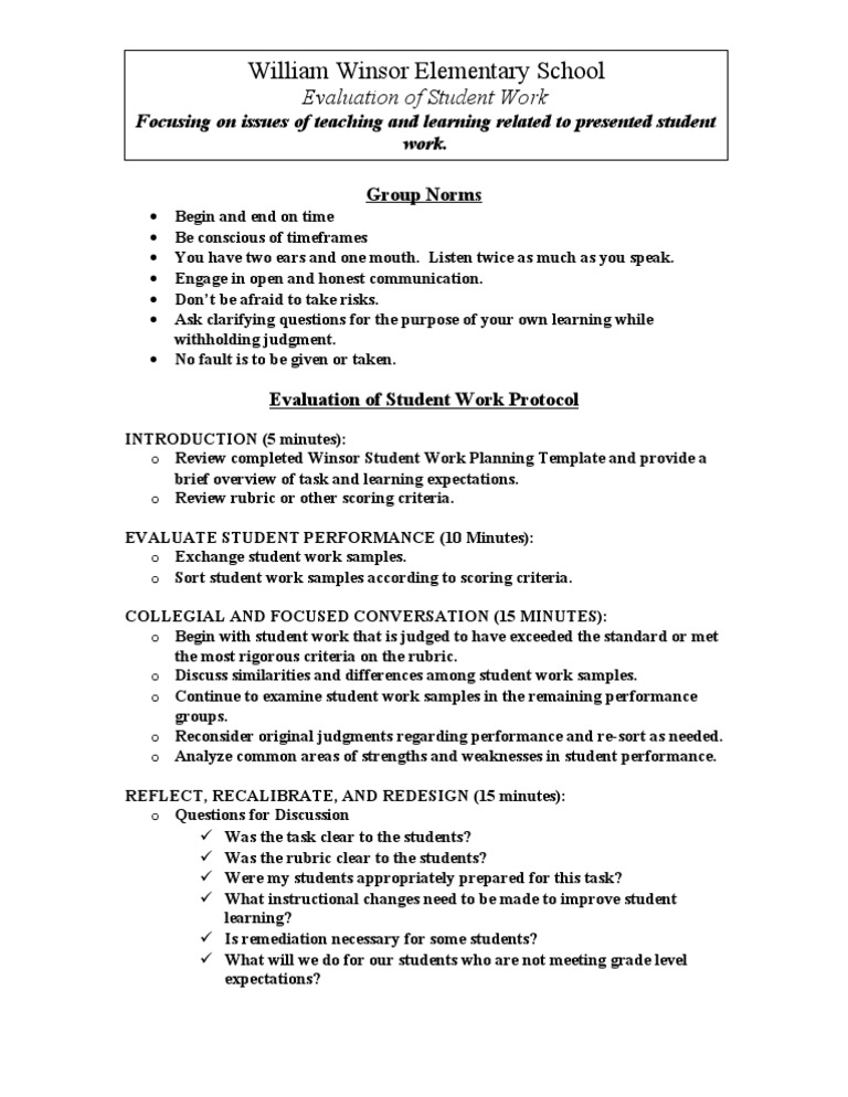 Winsor Student Work Protocol | PDF | Rubric (Academic) | Evaluation