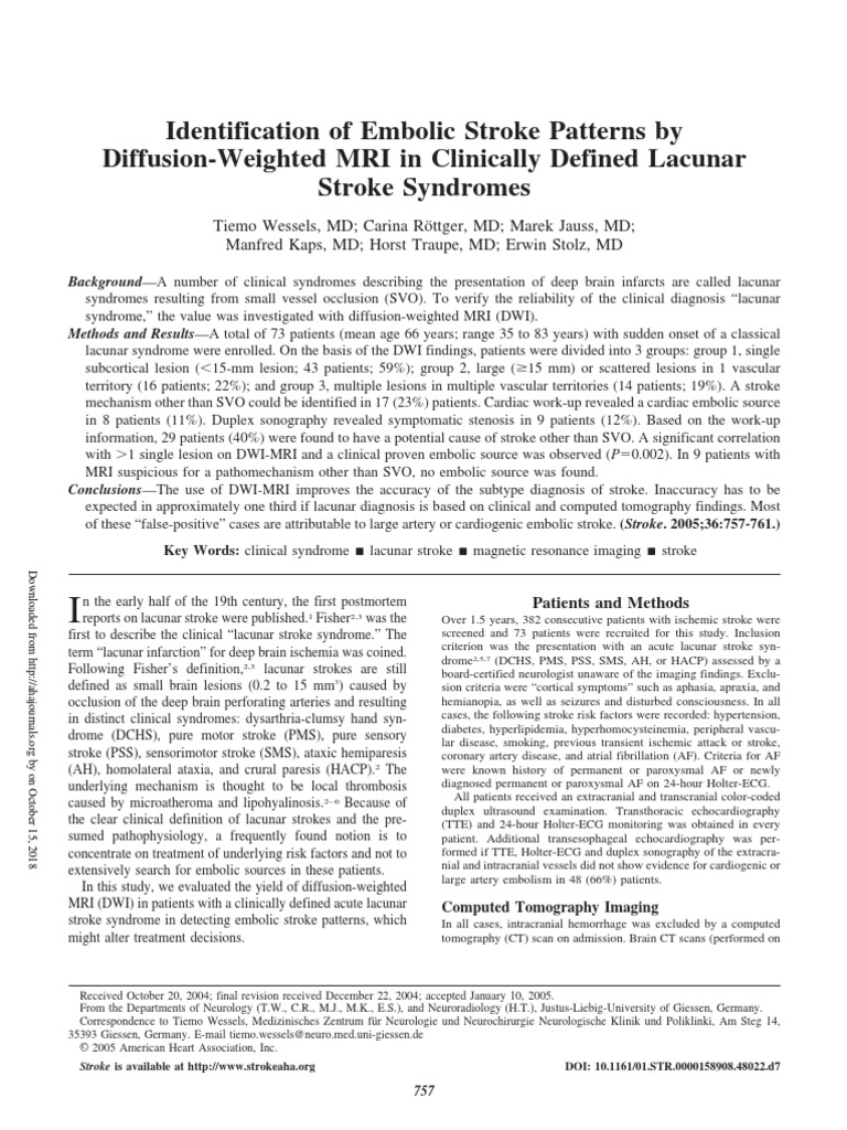 Identification of Embolic Stroke Patterns by Diffusion-Weighted MRI in ...