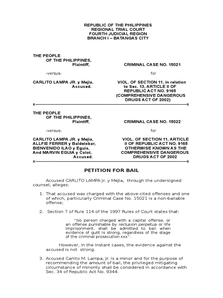 Petition For Bail Nonbailable Lampa | PDF | Bail | Prosecutor