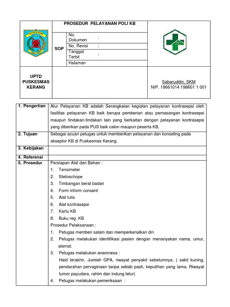Prosedur Pelayanan KB Puskesmas Kerang | PDF