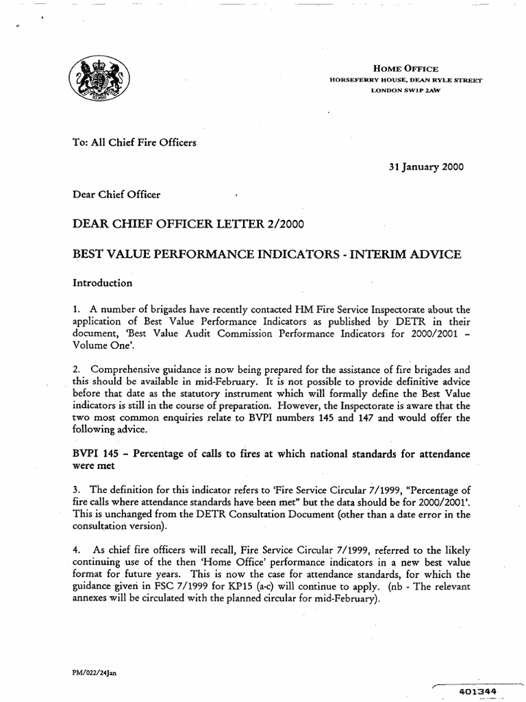 Dear Chief Officer Letter Best Value Performance Indicators Advice ...