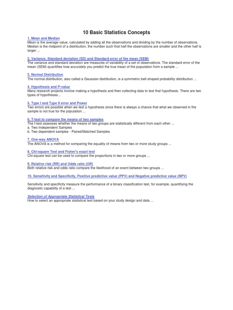 10 Basic Statistics Concepts: Selection of Appropriate Statistical ...