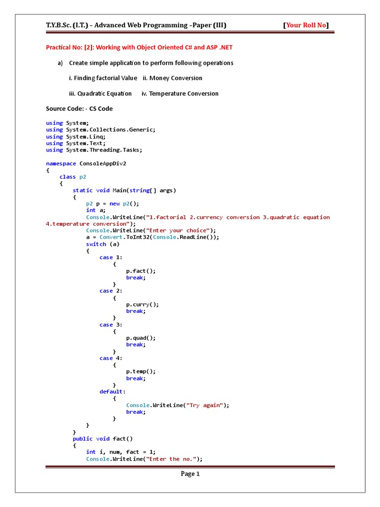 AWP Practical 2 | PDF | C Sharp (Programming Language) | Object Oriented Programming