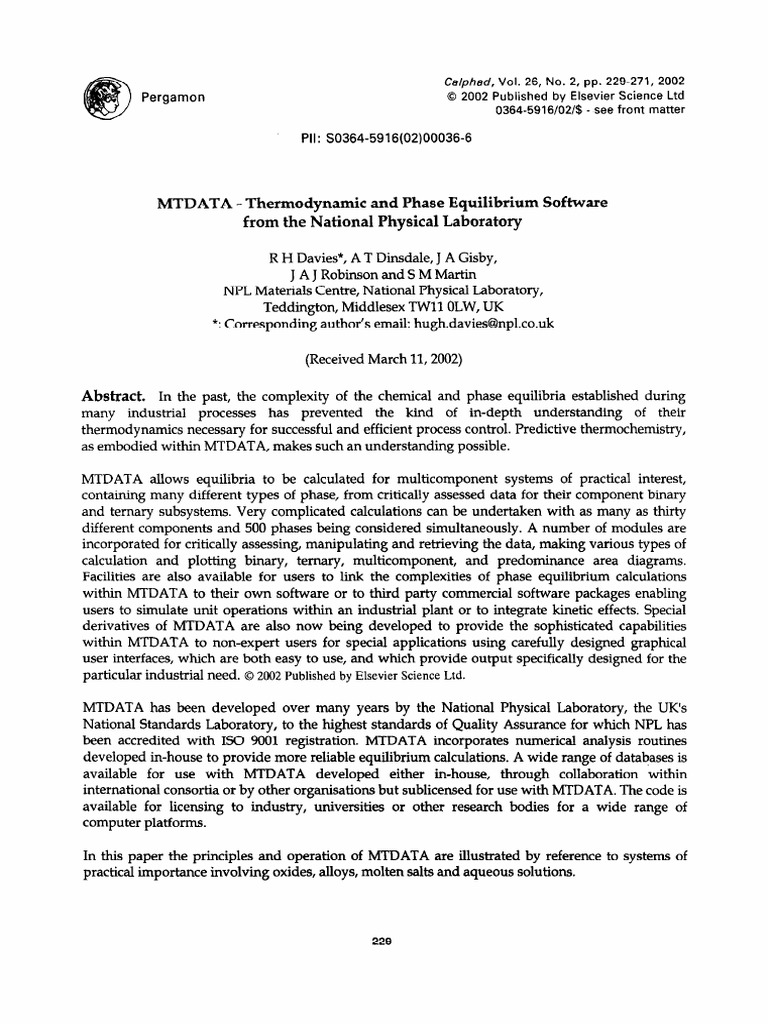 MTDATA - Thermodynamic and Phase Equilibrium Software | PDF | Chemical ...