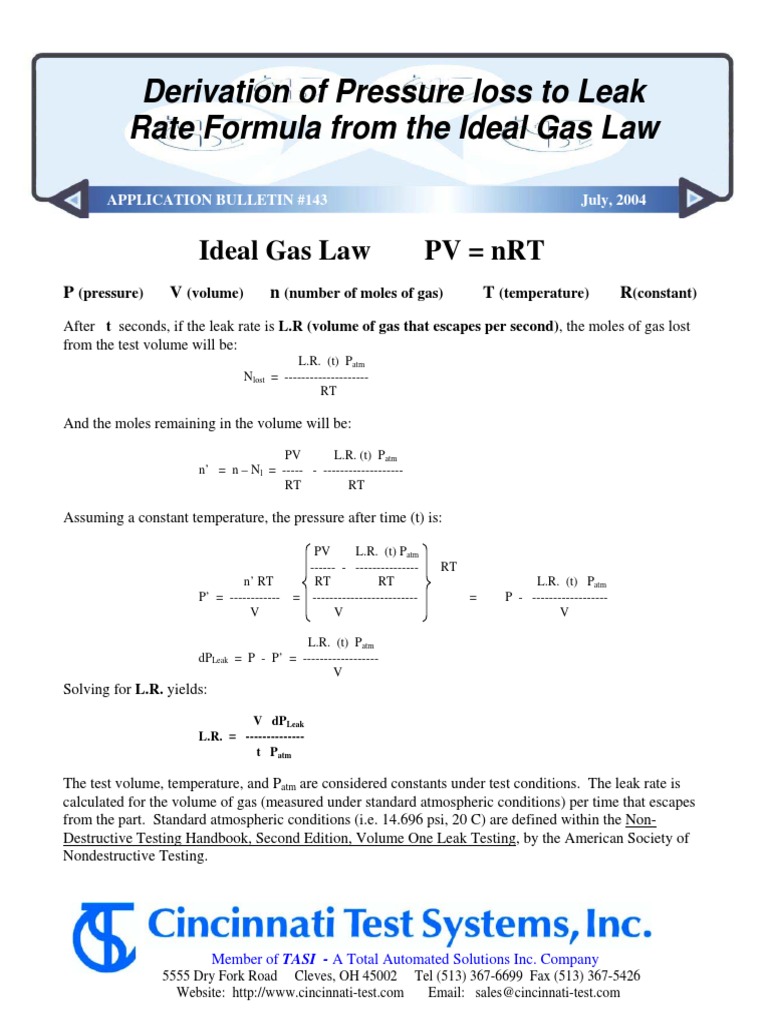 Leak Rate Calculation from Pressure Decay | PDF | Pressure | Volume