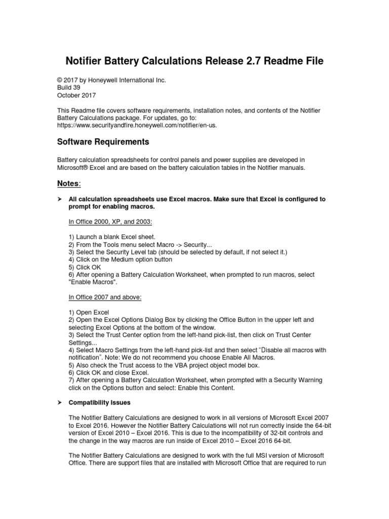 Notifier Battery Calculations-Readme PDF | PDF | Microsoft Excel | Battery Charger