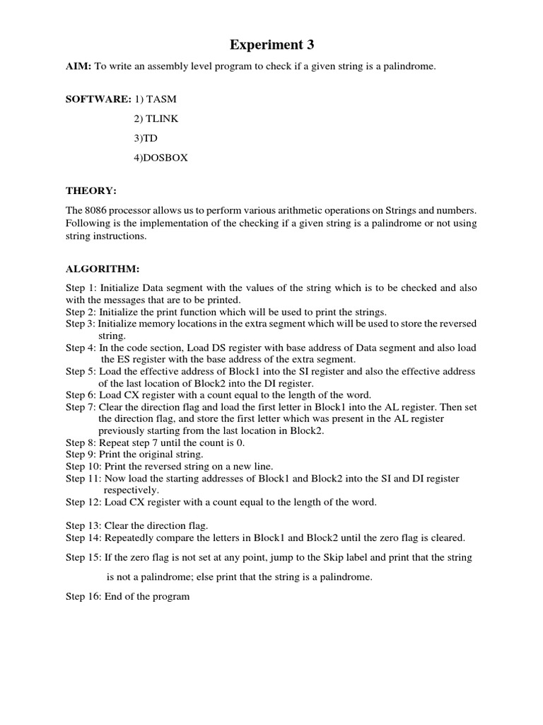 Experiment 3: AIM: To Write An Assembly Level Program To Check If A Given String Is A Palindrome ...