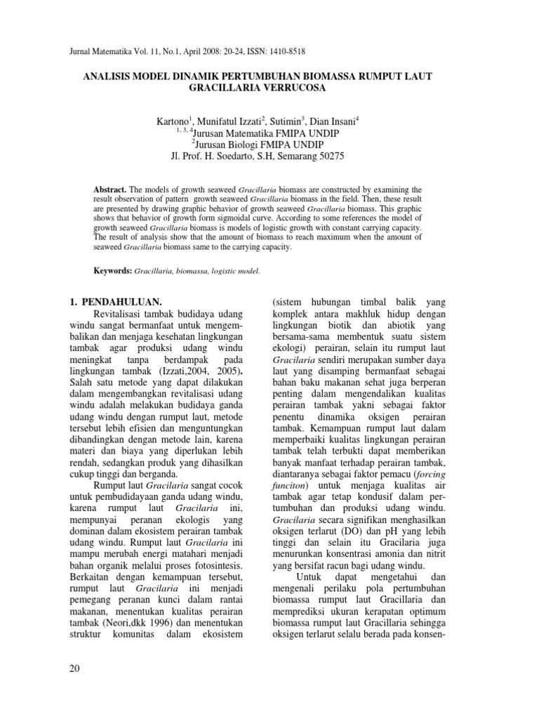 Analisis Model Dinamik Pertumbuhan Biomassa Rumput Laut | PDF