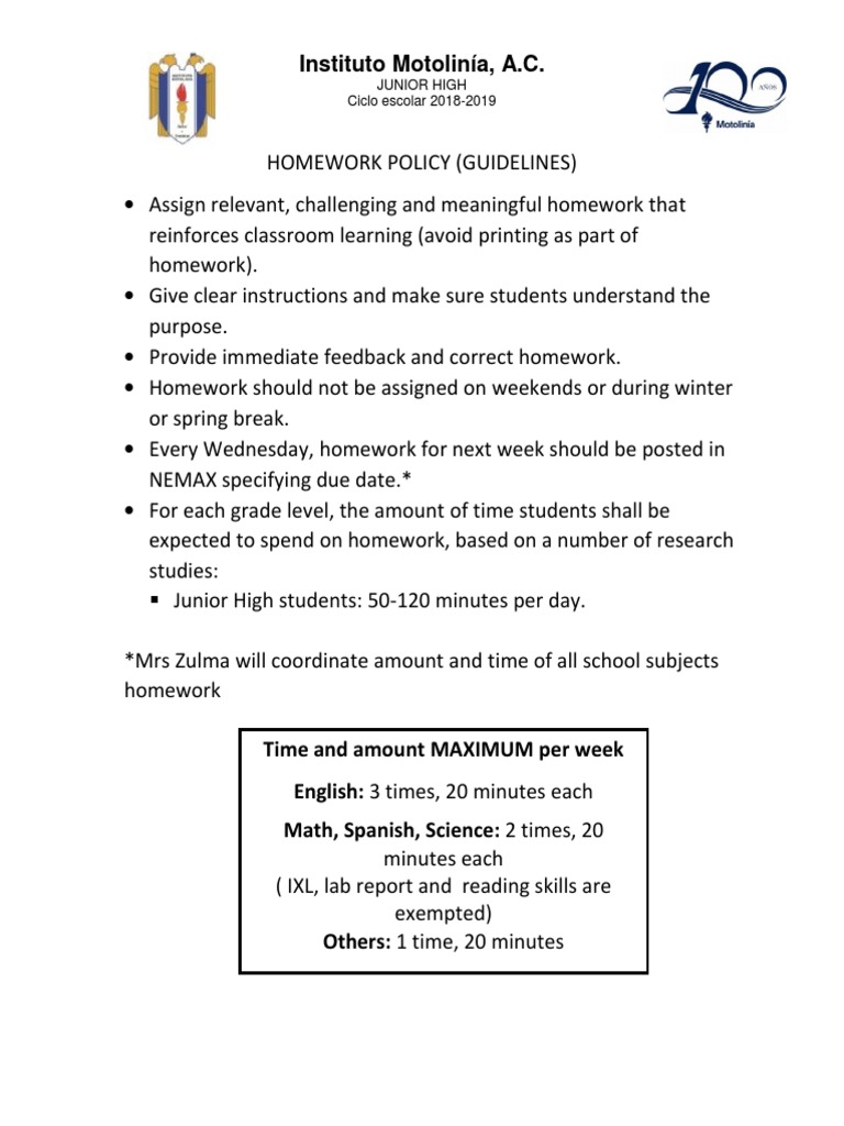 Junior High Homework Policy 2018-2019 | PDF | Foreign Language Studies