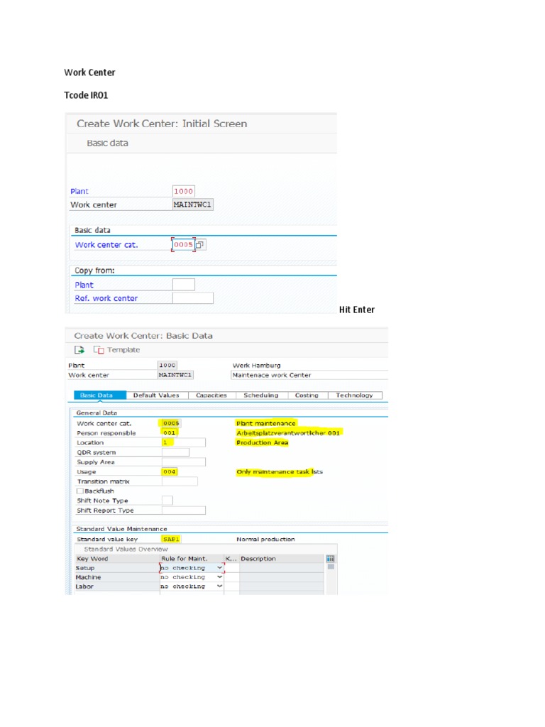 Work Center Setup in Tcode IR01 | PDF