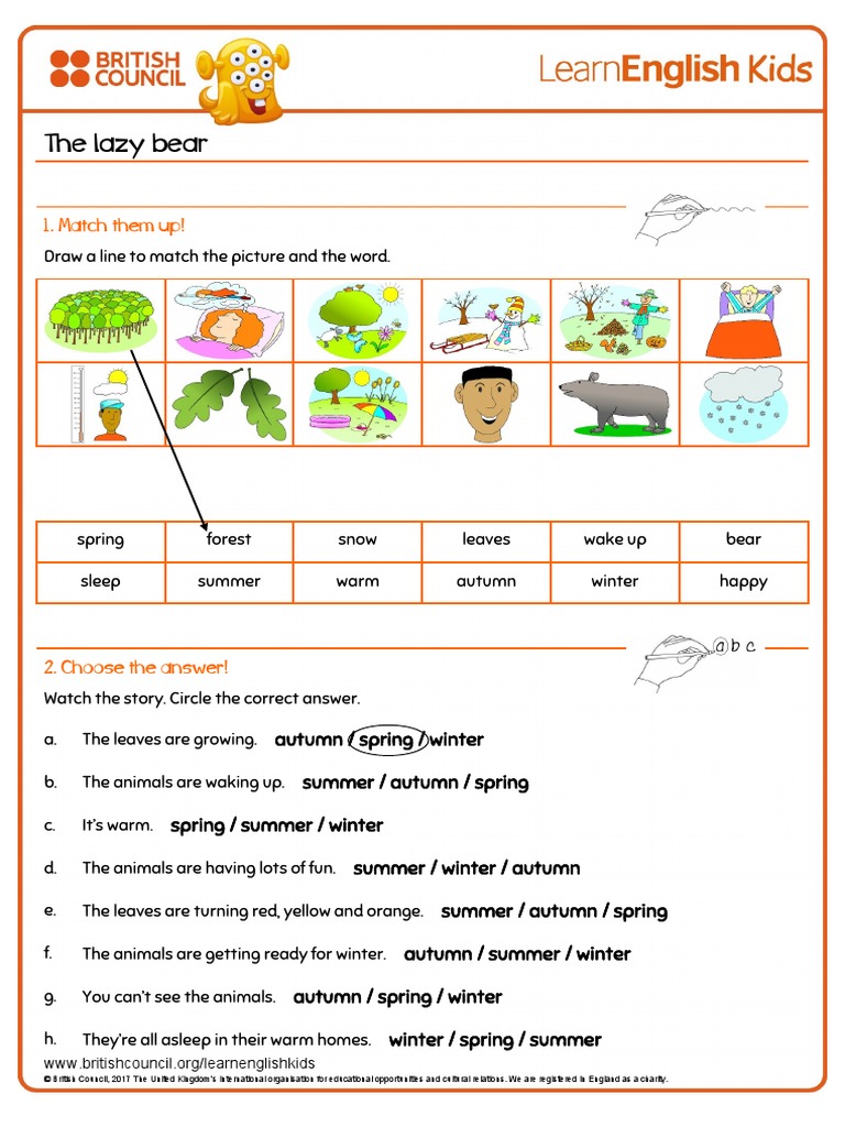 Short Stories the Lazy Bear Worksheet