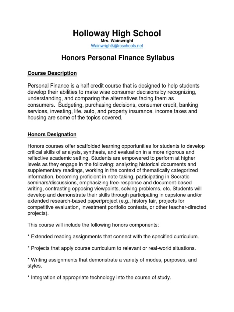Honors Personal Finance Syllabus | PDF | Homework | Critical Thinking