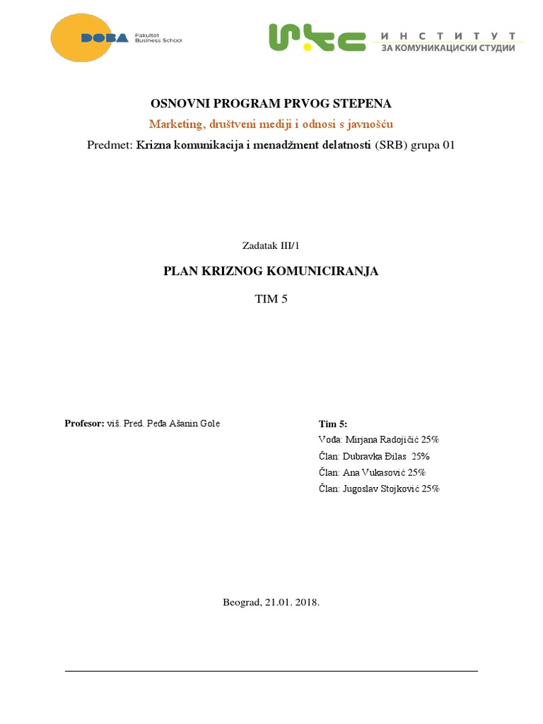 Plan Kriznog Komuniciranja MZLZ | PDF