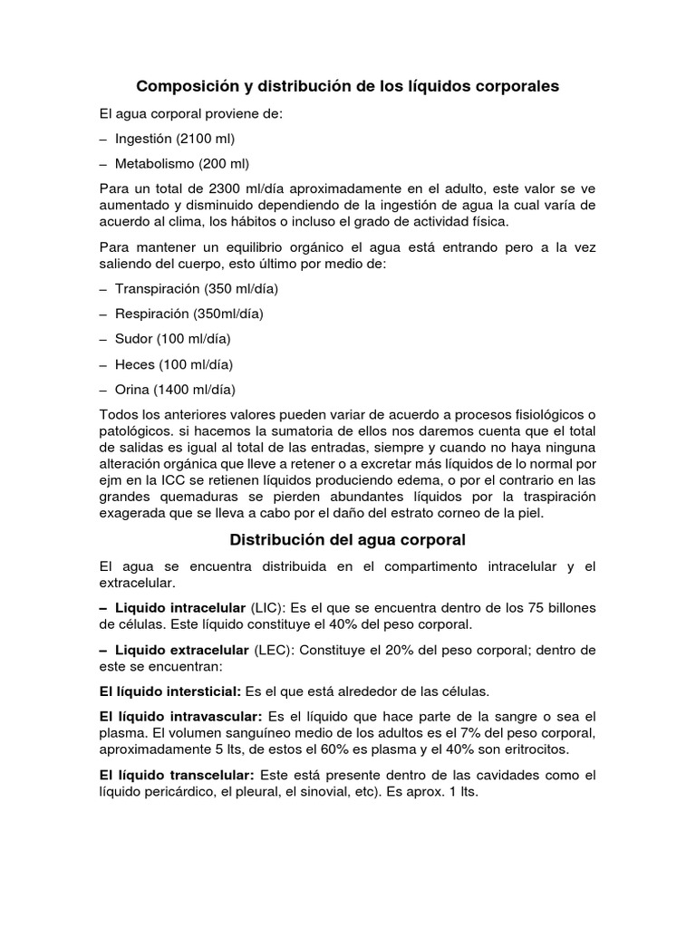 Composición Y Distribución De Los Líquidos Corporales Pdf Membrana