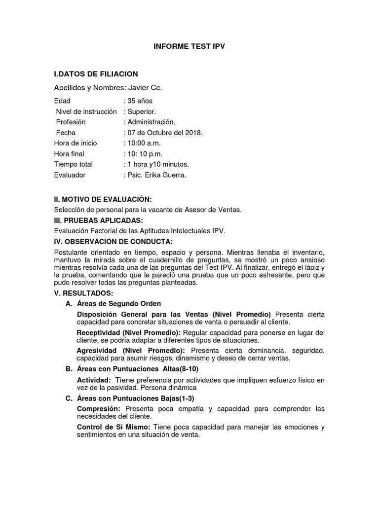 Informe Test Ipv | PDF | Gestión de recursos humanos | Cognición