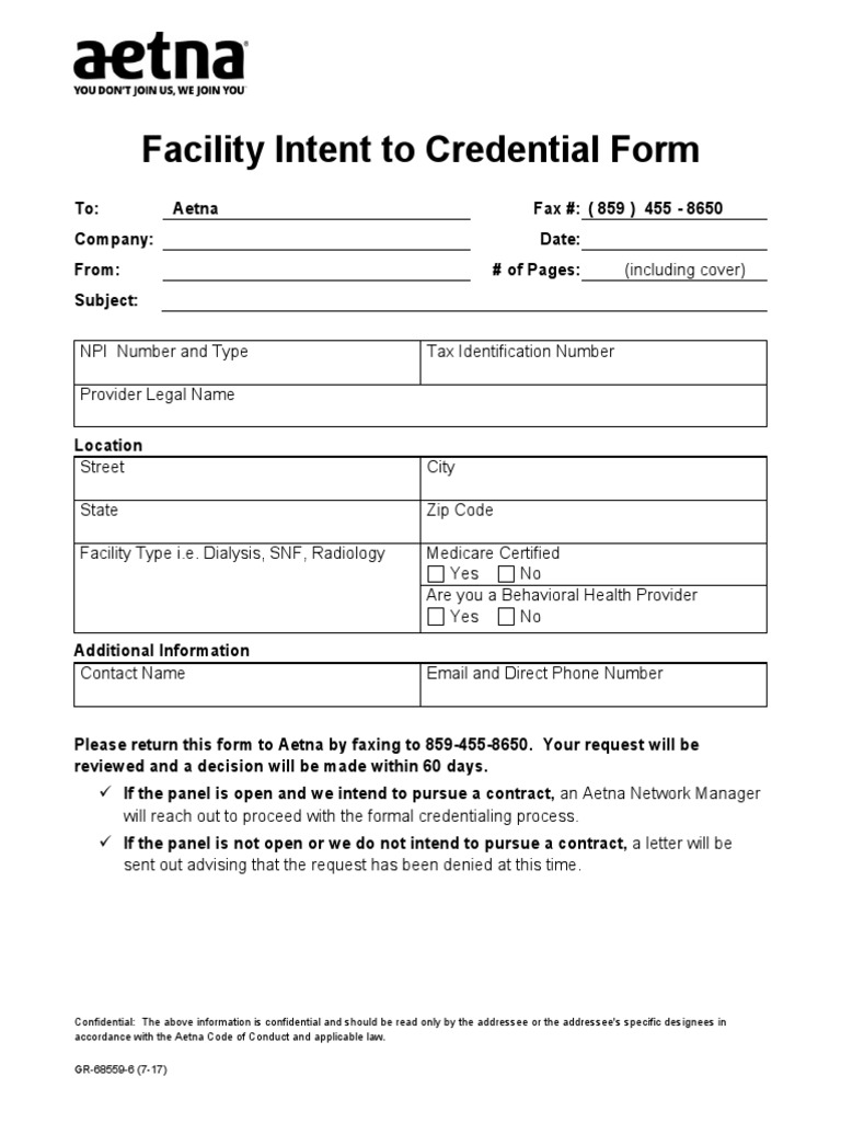 Aetna Facility Credentialing Intent Form | PDF