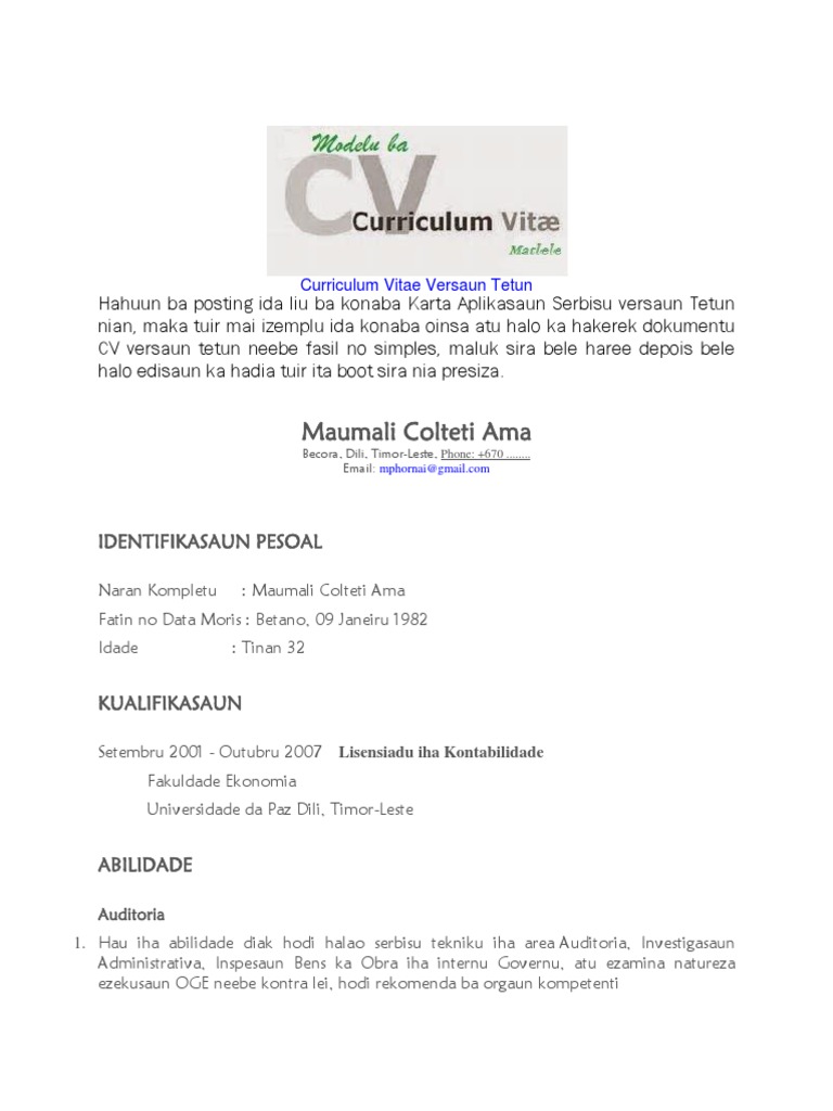 Ejemplo de CV en Tetun 2024 | PDF | Indonesia | Idiomas de asia