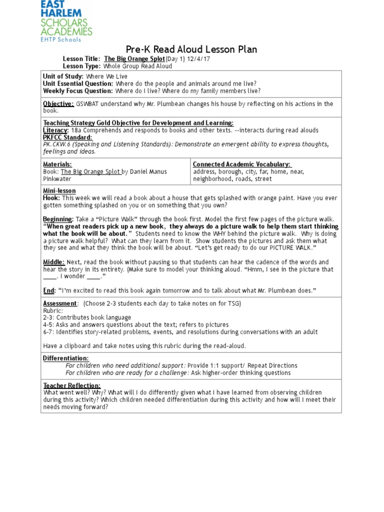 Pre-K Read Aloud Lesson Plan | PDF | Rubric (Academic) | Lesson Plan