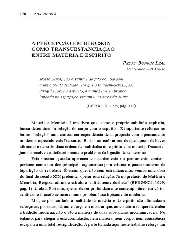 Percepção e Memória em Bergson | PDF | Henri Bergson | Percepção