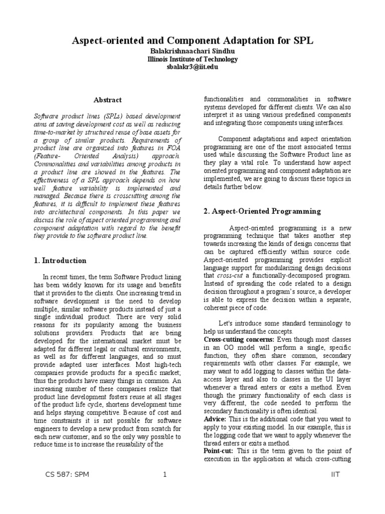 Aspect-Oriented and Component Adaptation For SPL: Balakrishnaachari Sindhu | PDF | Component ...