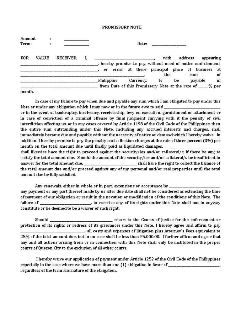 Promissory Note - Blank - Sample | PDF | Promissory Note | Government