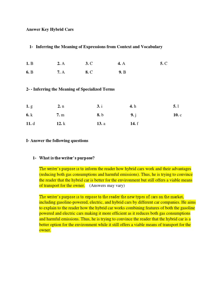 Answer Key Hybrid Cars | PDF | Hybrid Vehicle | Car