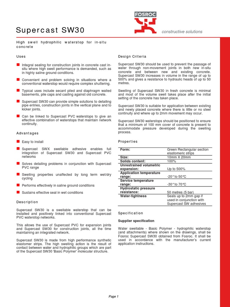 Fosroc Supercast SW30 TDS | Polyvinyl Chloride | Adhesive