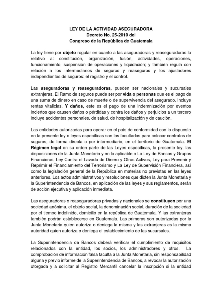 Ley de La Actividad Aseguradora | Descargar gratis PDF | Reaseguro | Póliza de seguros