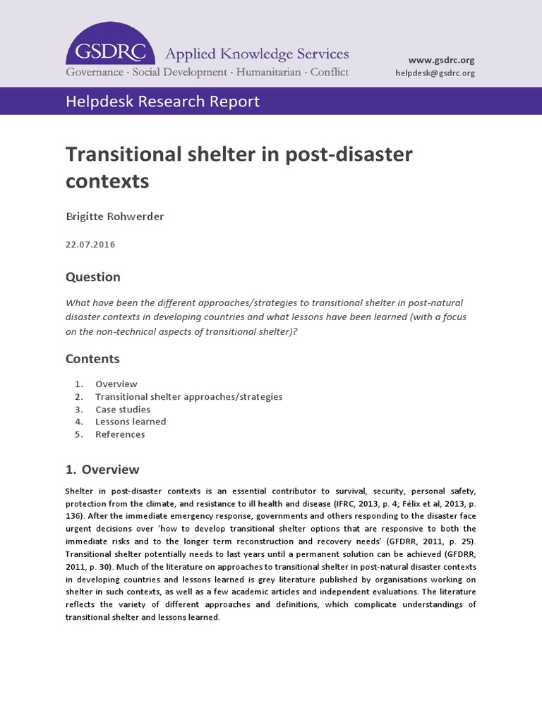 Transitional Shelter in Post-Disaster Contexts: Helpdesk Research ...