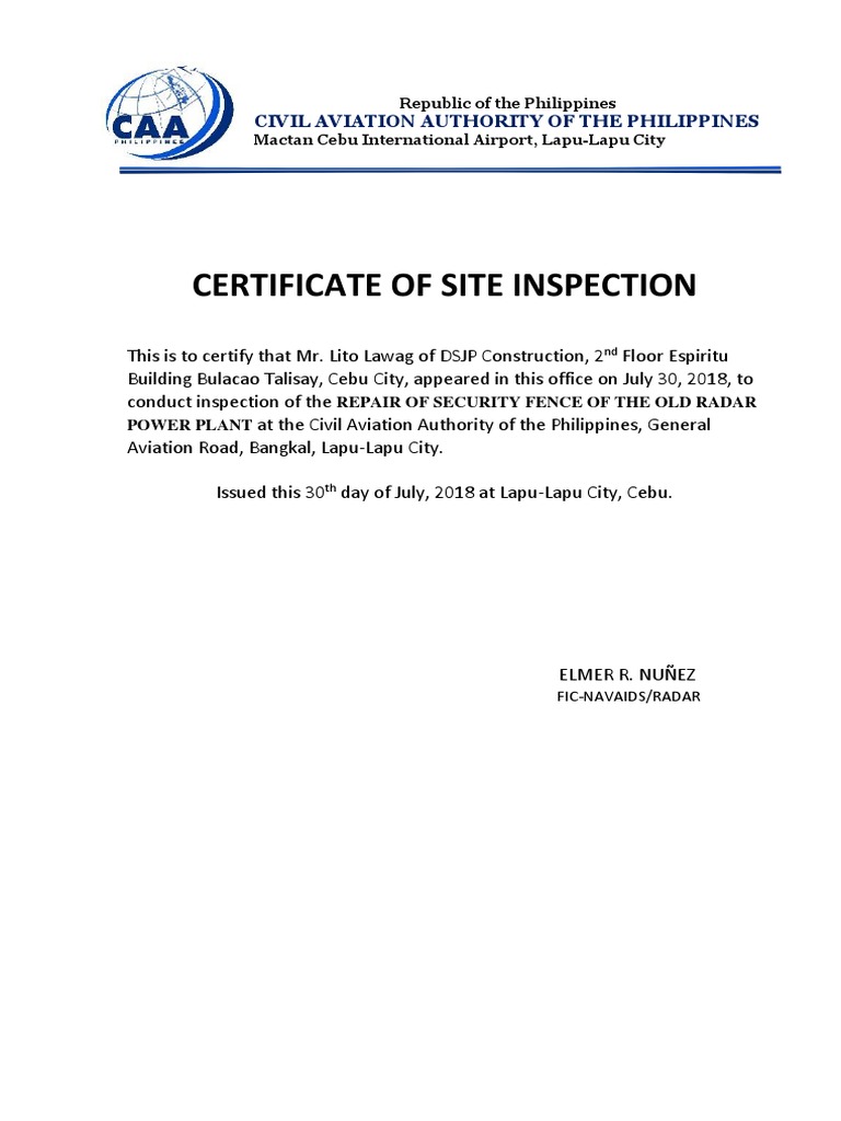 Certificate of Site Inspection for Fence Repair | PDF | Aviation