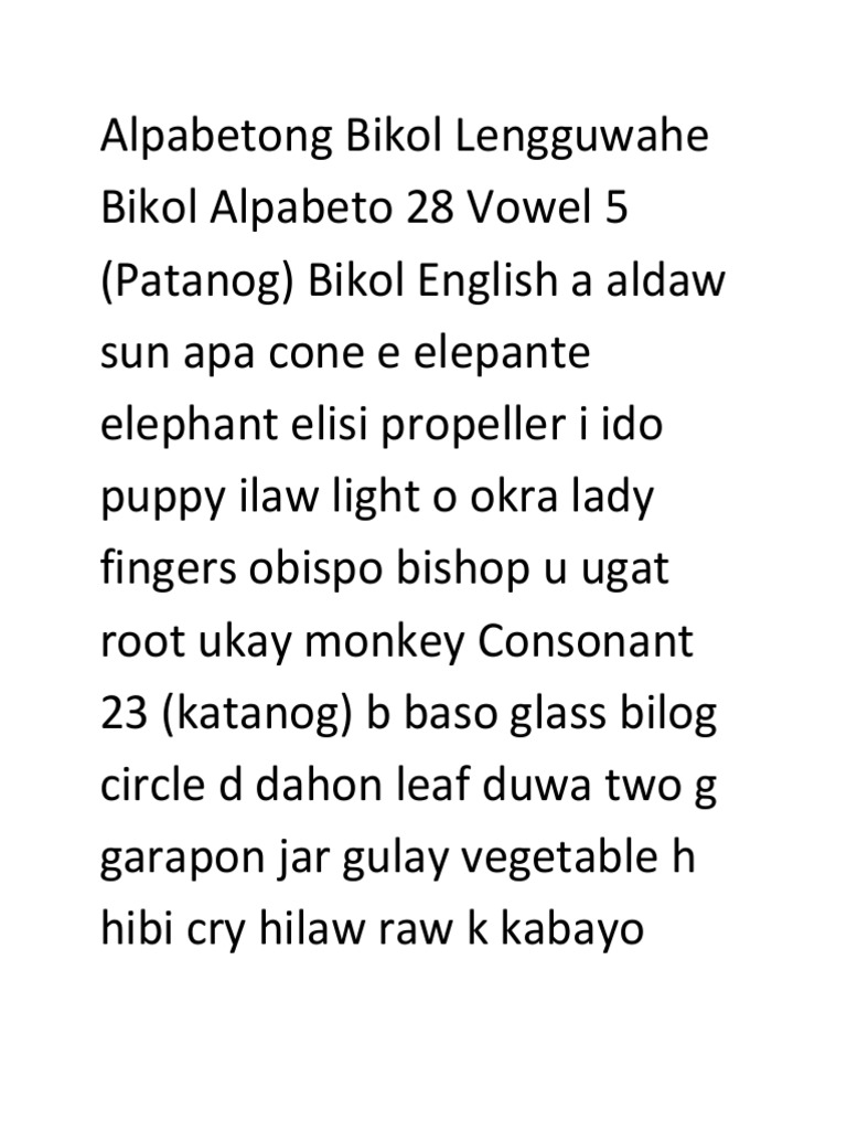 Alpabetong Bikol Lengguwahe Bikol Alpabeto 28 Vowel 5 | PDF