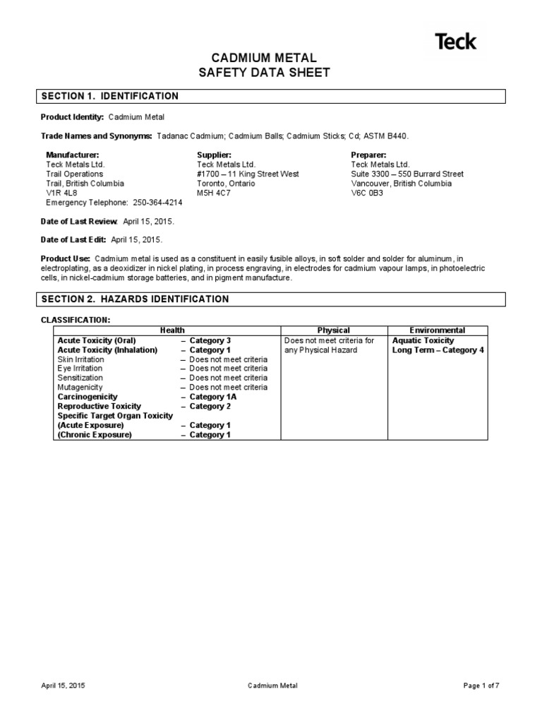 Cadmium Metal Safety Data Sheet | PDF | Cadmium | Toxicity