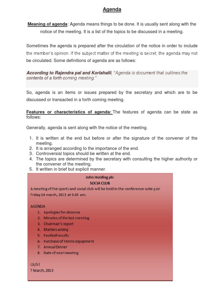 Meaning of Agenda: Agenda Means Things To Be Done. It Is Usually Sent ...