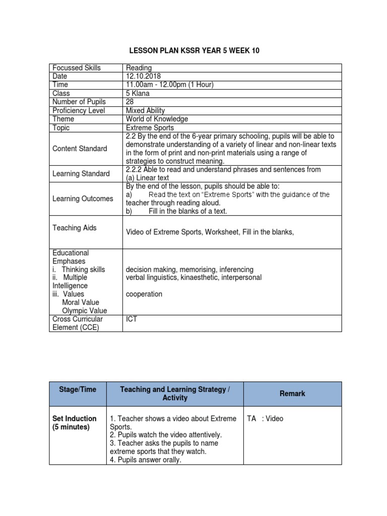 Lesson Plan KSSR Year 5 Week 10 | PDF | Reading (Process) | Lesson Plan
