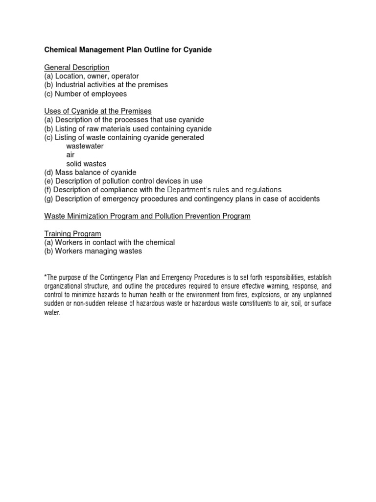 Chemical Management Plan Outline For Cyanide | PDF