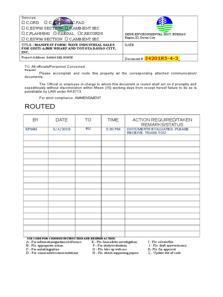 Routing Slip - Manifest Form | PDF