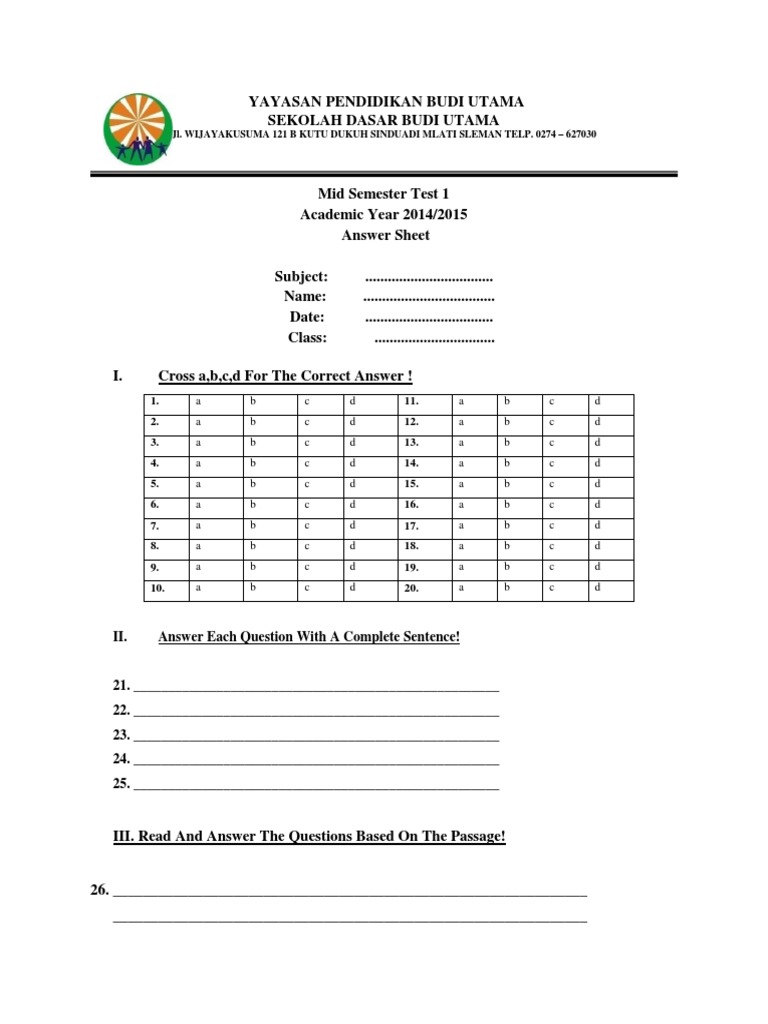 Mid Semester Test 1 Answer Sheet | PDF