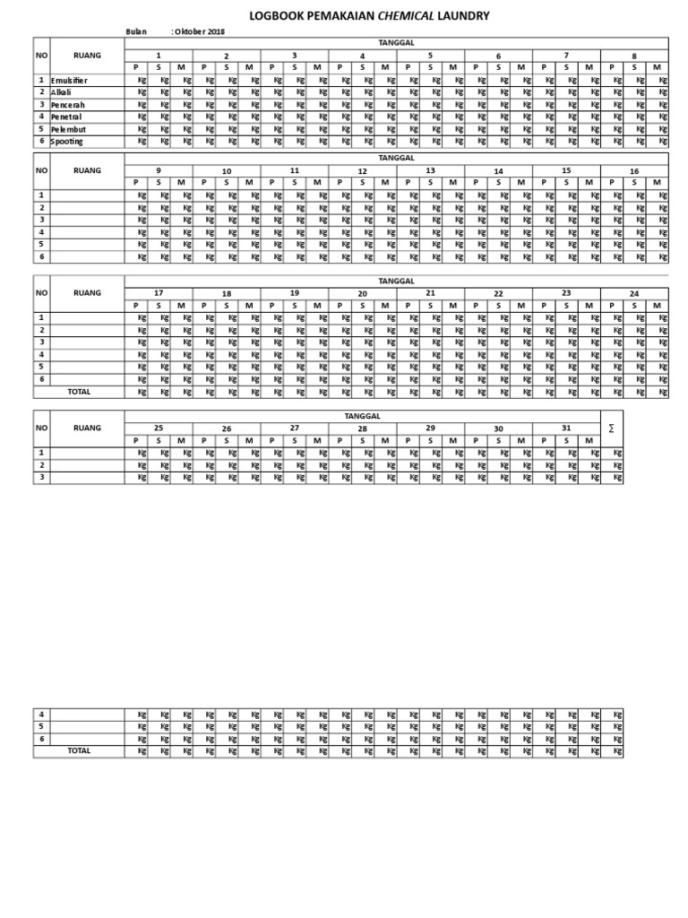 Logbook Pemakaian Chemical Laundry | PDF