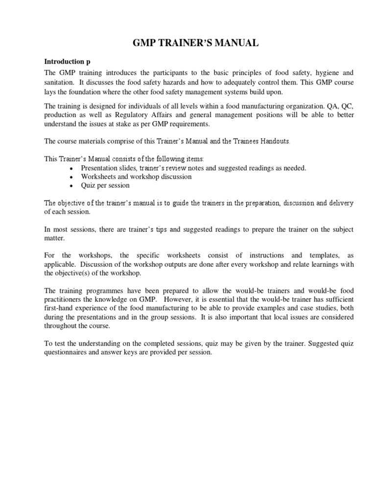 GMP Trainers Manual PDF | PDF | Foodborne Illness | Food Safety