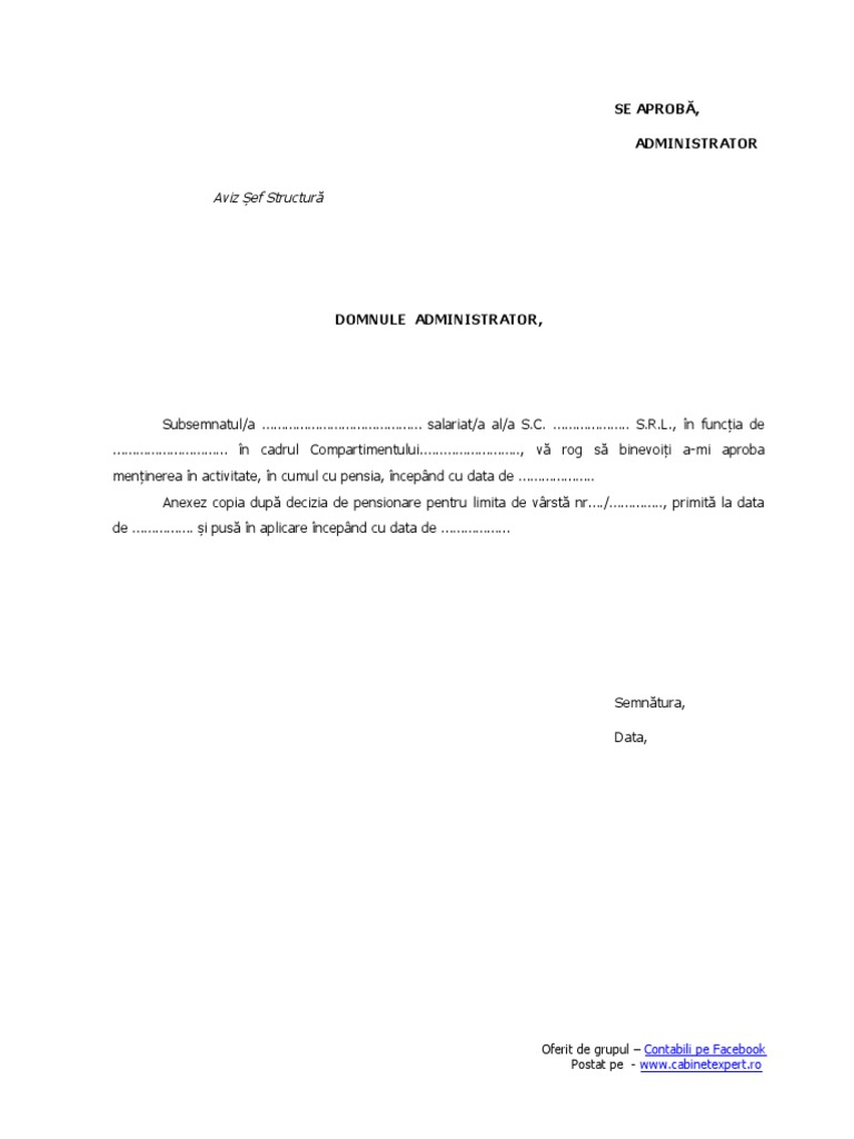 Cerere Continuare Activitate Dupa Pensionare | PDF Cerere Continuare Activitate Dupa Pensionare | PDF